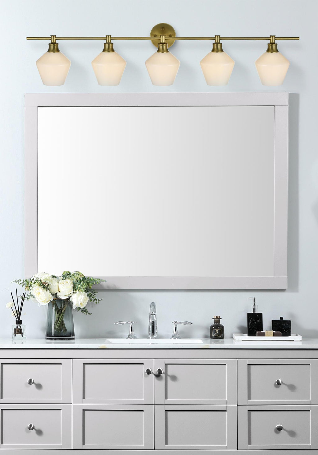 Gene 5 Light Satin Gold and Frosted White Glass Wall Sconce – Nouvelle ...